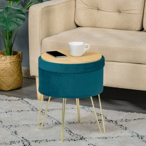 HOMCOM 2-v-1 Úložný taburet se stoličkou a funkcí konferenčního stolku, Zelené dřevo a textil, Kov s pozlaceným povrchem, 36x36x45cm