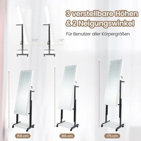 Costway Šperkovnice s kolečky Zrcadlová skříňka 4 v 1 s 3 barevnými LED světly