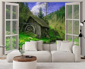 Gario Fototapeta Okno - pohled na chatu v lese Materiál: Vliesová, Rozměry: 140 x 100 cm