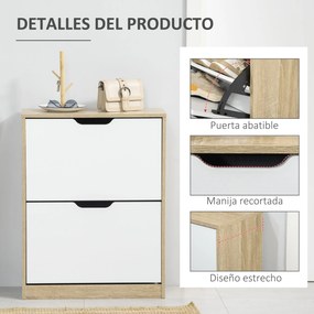 HOMCOM Dřevěný botník s 2 skládacími dvířky a 4 policemi, kapacita pro 8 párů do předsíně, chodby nebo ložnice, 62,5x26x81 cm, bílý a přírodní
