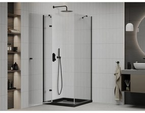 Mexen Roma, sprchový kout s 1-křídlými dveřmi 90 (dveře) x 90 (stěna) cm, 6mm čiré sklo, černý profil, slim sprchová vanička 5cm černá s černým sifonem, 854-090-090-70-00-4070B