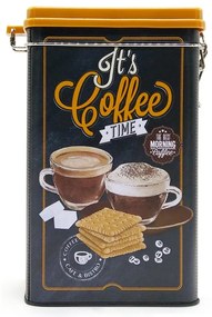 Plechová dóza It‘s Coffee Time, 500 g – černá, matný povrch, s kávovým motivem, s patentním uzávěrem, na kávu, bylinky, těstoviny a drobnosti