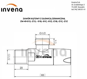 Invena Invena, úhlový ventil s keramickou hlavou 1/2" X 3/8", zlatá lesklá, INV-ZW-49-00Z-W