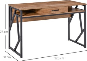 HOMCOM Pracovní stůl v industriálním stylu 120D x 60Š x 76V cm Se zásuvkou + 2 policemi Černé kovové nohy Ořechová dřevinová vrchní část