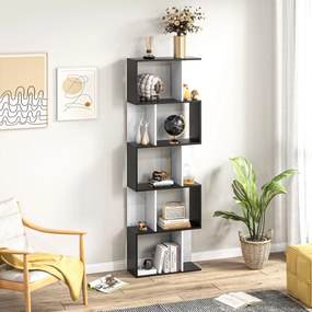HOMCOM 5-patrová knihovna ve tvaru S, moderní design pro obývací pokoj a kancelář 60x24x184,5 cm Černá a bílá