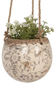 Závěsný béžový keramický obal na květináč se šedými květy S - Ø 11*12/74 cm