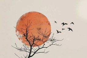 Obraz japandi měsíc s hejnem ptáků