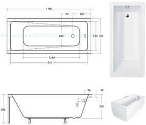 NIKIDO - B Akrylátová vana MODERN SLIM 140x70, 150x70, 160x70, 170x70, 180x80 Velikost: 140x70