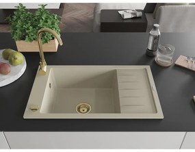 Mexen Elias, granitový dřez granitový 795x480x200 mm, 1-komorový, béžová se zlatým sifonem, 6511791005-69-G