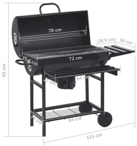 vidaXL Marketos Válcový gril s kolečky a poličkami černý ocel 115 x 85 x 95 cm