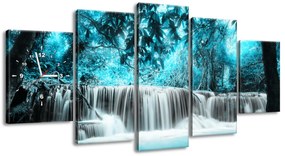 Gario Obraz s hodinami Vodopád v modré džungli - 5 dílný Rozměry: 150 x 70 cm