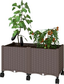 Outsunny zvýšený truhlík s 6 kolečky — mobilní venkovní plastový truhlík s nádrží na zavlažování a odtokem, 80×40×43 cm, hnědý | Aosom