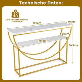 Costway Úzký konzolový stůl s mramorovou deskou 2 úrovně Sofa Table, bílý