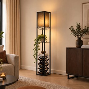 Moderní stojací lampa černá s látkovým stínidlem a stojanem na víno - Stojan Wine