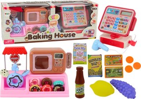 LEAN Toys Dětská cukrárna s donuty – pokladna a mikrovlnka, sada