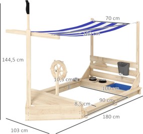 Outsunny pískoviště velké s krytem design lodi 180x103x144,5cm ze dřeva, včetně kuchyňské soupravy na hraní pro děti od 3 do 7 let |