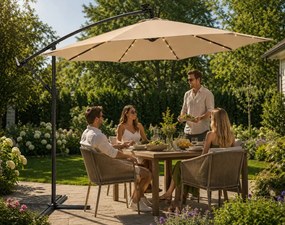 Zahradní LED slunečník s bočním ramenem 300 cm tmavě béžový