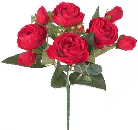 Umělá kytice 5 květů s listy - pivoňka, čajová růže Barva: Červená