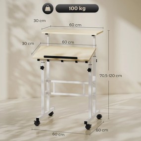 HOMCOM stojací‑sedací stůl 60×60 cm – výškově nastavitelný, s kolečky, naklápěcí deska stolu, kovový rám, přírodní