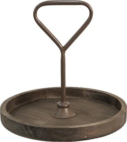 Hnědý antik dřevěný podnos s držadlem - Ø 35*33 cm