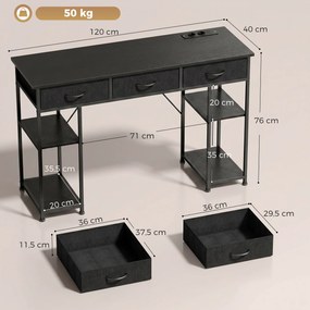 HOMCOM Psací stůl s úložným prostorem a zásuvkami, 3 látkové zásuvky a 4 úložné přihrádky, 120 x 40 x 76 cm, černý
