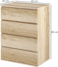 HOMCOM Skříňka se 4 zásuvkami, Moderní úložný kabinet pro ložnici s mechanismem měkkého zavírání – 60 x 40 x 80 cm, Přirodní dřevo