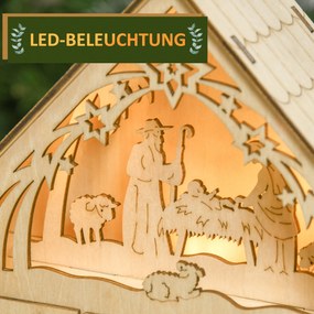 HOMCOM Adventní kalendář s LED osvětlením, 24 zásuvek, scéna betlému, 26,6 x 30 cm, vzhled dřeva