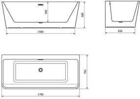 Mexen Volta, volně stojící vana na zeď 170 x 75 cm + chromová odtoková zátka a přepadový otvor, černá - bílá, 51131707575
