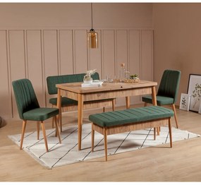 Rozkládací jídelní stůl se 2 židlemi a 2 lavicemi Vlasta (borovice antlantic + zelená). 1072184