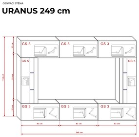 Ral Obývací stěna URANUS 2, 249 cm - Bílý lesk