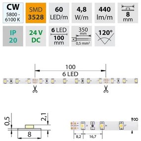 LED pásek McLED studená bílá 4,8W/m IP20 24V 8mm ML-126.206.60.2
