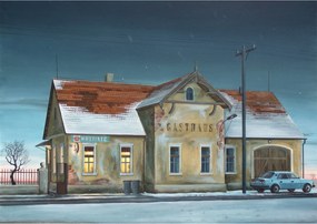 Štěpán Jirák | Hospoda v zimě Rám: Černý, Velikost: 20 x 30 cm