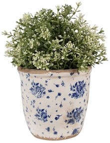 Béžový keramický obal na květináč s modrými růžemi Blue Rose M - Ø 14*13 cm