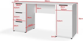 Bílý psací stůl Tivo 160 cm se skříňkou, zásuvkami a policemi - univerzální