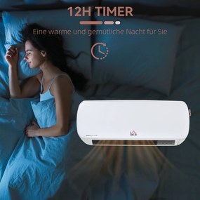 HOMCOM Topný ventilátor na stěnu 2000W s dálkovým ovládáním, 2 topné režimy, LED displej, 12hodinový časovač pro koupelnu 820-254