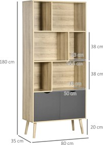 HOMCOM knihovní regál úložný regál skříň 6 polic rozměry 80D x 35Š x 180V cm přírodní a tmavě šedá