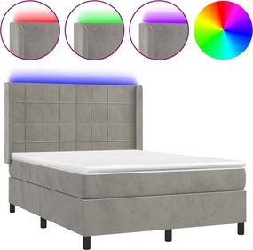 Box spring postel s matrací a LED světle šedá 140x200 cm samet 3139565