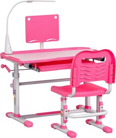 HOMCOM Dětská sada stolu a židle pro děti od 6 let - nastavitelné, sklopné, s lampou LED a držákem na tužky 80x49.5x82-104 cm a 35.5x43.5x63-73 cm Růž