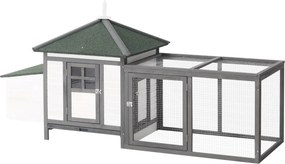 PawHut Kurník pro Bantamky 196 x 76 x 97 cm s hnízdící krabicí, výběhem a bidýlkem, dřevěný domek pro malé zvířata, šedý | Aosom