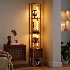 HOMCOM LED stojací lampa s policemi, nastavitelný jas, nožní spínač pro ložnici, rustikální hnědá