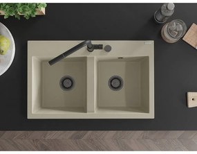 Mexen Hektor, 2-komorový granitový dřez 800x480x205 mm, béžová, grafitový sifon, 6521802000-69-B