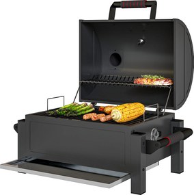 Gril na dřevěné uhlí Outsunny s víkem, pro 3-6 osob, s větracím otvorem, rukojetí, teploměrem, žáruvzdorný, 68,5 x 50 x 54 cm, černý | Aosom