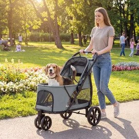PawHut skládací dětský kočárek pro psy se 3 koly, síťové okno, pratelný polštářek, terénní, nosnost 20 kg, 92x63x95 cm, šedá
