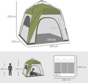 Outsunny Campingový stan pro 4 osoby s oknem 240x240x195cm Hliníková slitina a sklolaminát Snadné stavění Zelená šedá 190TPU1000mm |