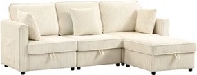 HOMCOM 3-místná chaise-longue s úložným prostorem a obrátitelnou otomanským sedadlem z kordového materiálu 235x153x85 cm krémově bílá