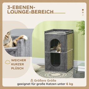 Škrabací sud PawHut se 2 jeskyněmi pro kočky a 2 úrovněmi, lehací plocha se sisalovou škrabací podložkou, plyšový design 45x45x81 cm tmavě šedý pro m…