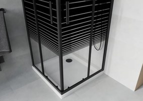 Mexen Rio, čtvercový sprchový kout s posuvnými dveřmi 70 (dveře) x 70 (dveře) x 190 cm, 5mm čiré sklo s pásky, černý profil + bílá sprchová vanička SLIM, 860-070-070-70-20-4010B
