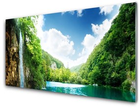 Obraz na skle Hora Les Jezero Příroda 140x70 cm