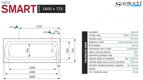 Santech SMART 160 x 72,5 cm SASMA160 vana akrylátová