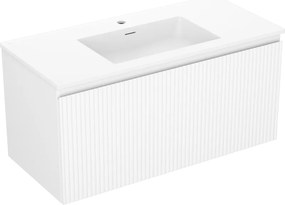 Mexen Rivel, koupelnová skříňka 100 cm s umyvadlem Otis, 1 zásuvka, drážkovaná, bílá matná, 91A20-10047-1-BF01-W18M01